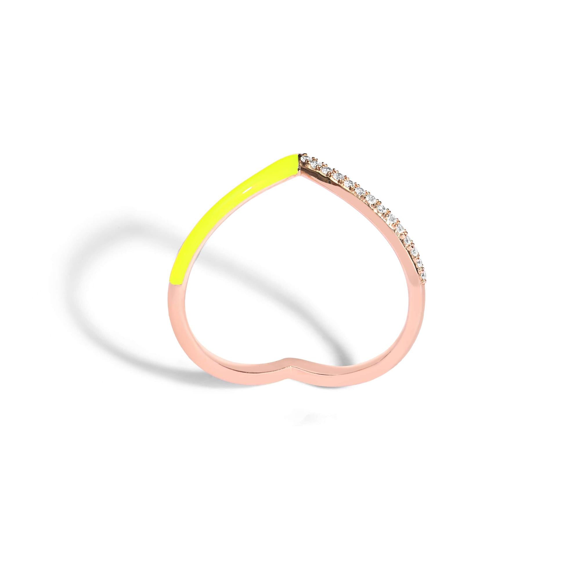 14K Rose Gold Neon Yellow Enamel Gold V Diamond Ring